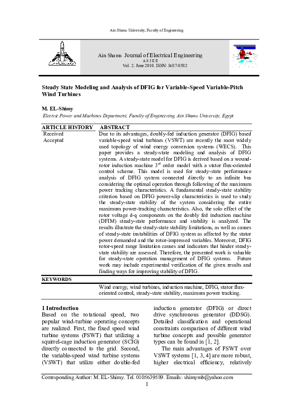 Pdf Steady State Modeling And Analysis Of Dfig For Variable Speed