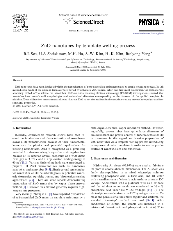 (PDF) ZnO nanotubes by template wetting process