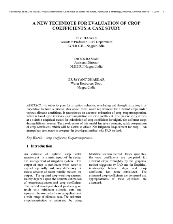 (PDF) A new technique for evaluation of crop coefficients: a case study