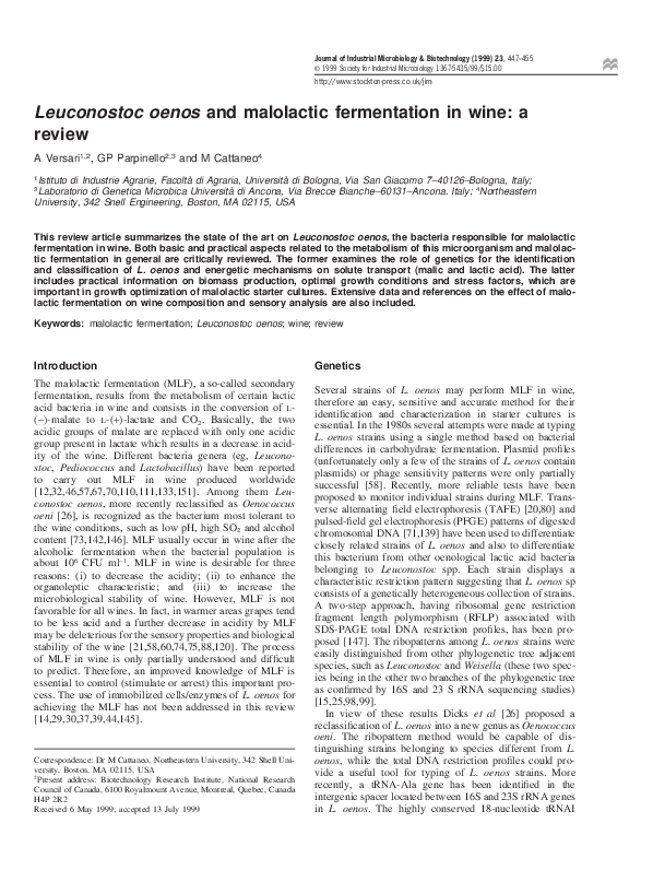 (PDF) Leuconostoc oenos and malolactic fermentation in wine: a review
