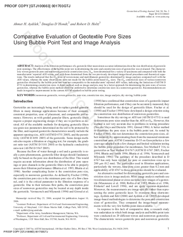 (PDF) Comparative Evaluation of Geotextile Pore Sizes Using Bubble ...
