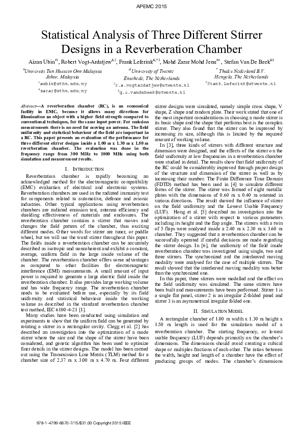 (PDF) Statistical analysis of three different stirrer designs in a reverberation chamber | Aizan ...