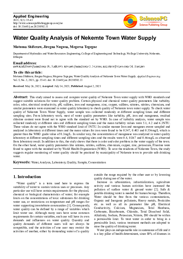 (PDF) Water Quality Analysis of Nekemte Town Water Supply