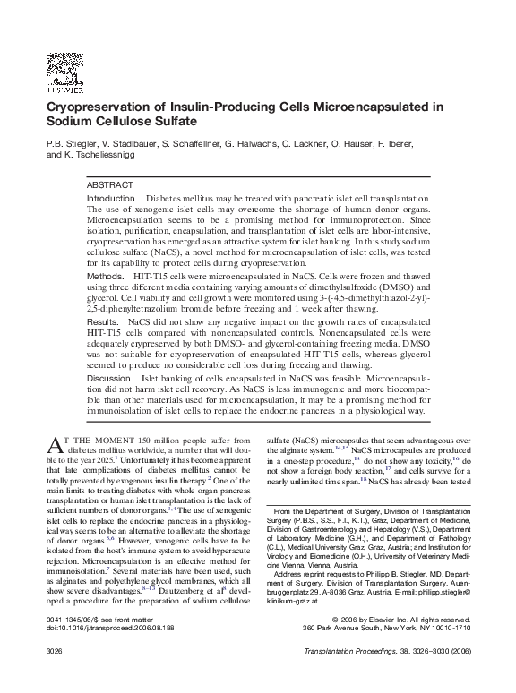 (PDF) Cryopreservation of Insulin-Producing Cells Microencapsulated in ...