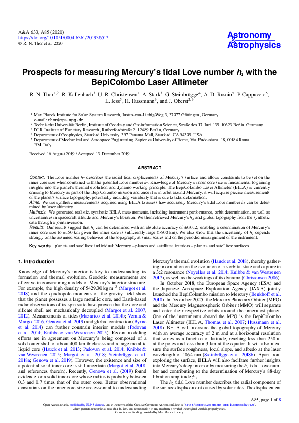 (PDF) Prospects for measuring Mercury’s tidal Love number h2 with the ...