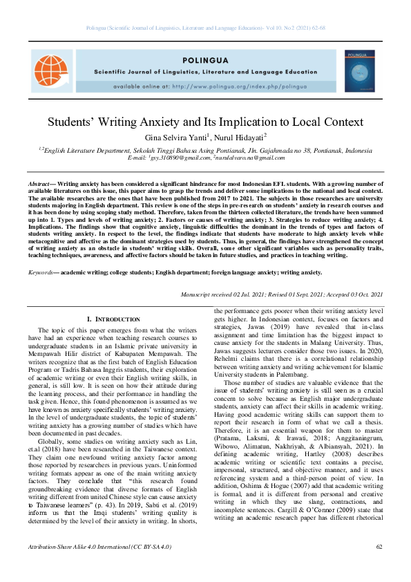 (PDF) Students’ Writing Anxiety and Its Implication to Local Context