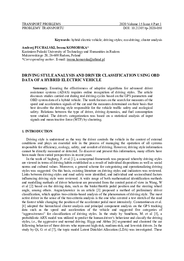 (PDF) Driving Style Analysis and Driver Classification Using Obd Data of a Hybrid Electric Vehicle