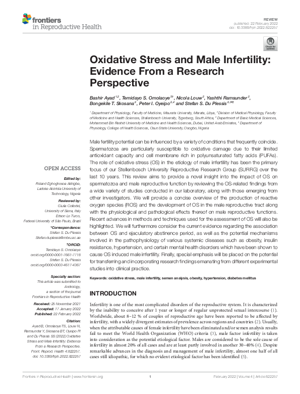 Pdf Oxidative Stress And Male Infertility Evidence From A Research