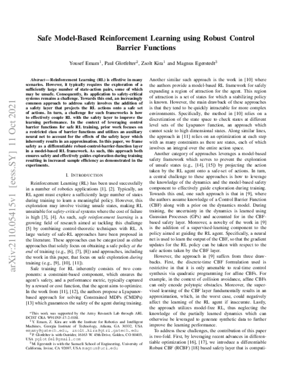 (PDF) Safe Model-Based Reinforcement Learning Using Robust Control Barrier Functions