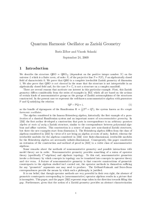 (PDF) The quantum harmonic oscillator as a Zariski geometry