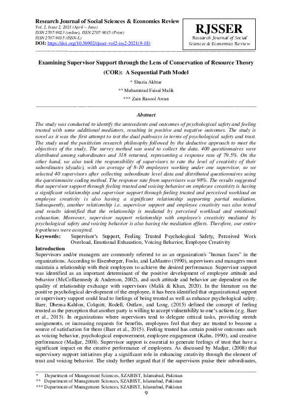 (PDF) Examining Supervisor Support through the Lens of Conservation of ...