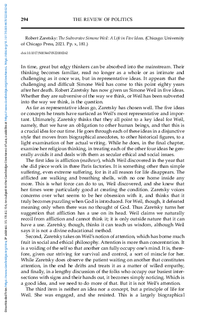 (PDF) Robert Zaretsky: The Subversive Simone Weil: A Life in Five Ideas. (Chicago: University of ...