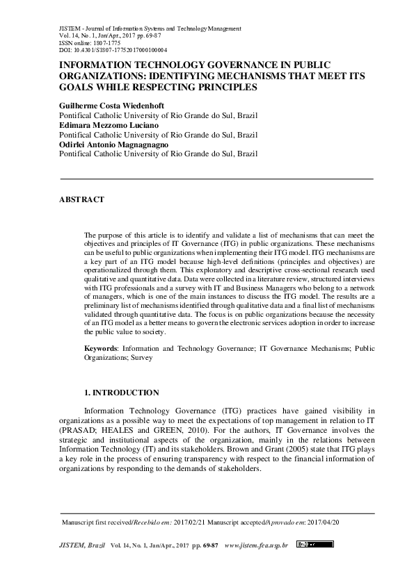 (PDF) Information Technology Governance in Public Organizations