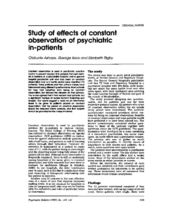 (PDF) Study of effects of constant observation of psychiatric in ...