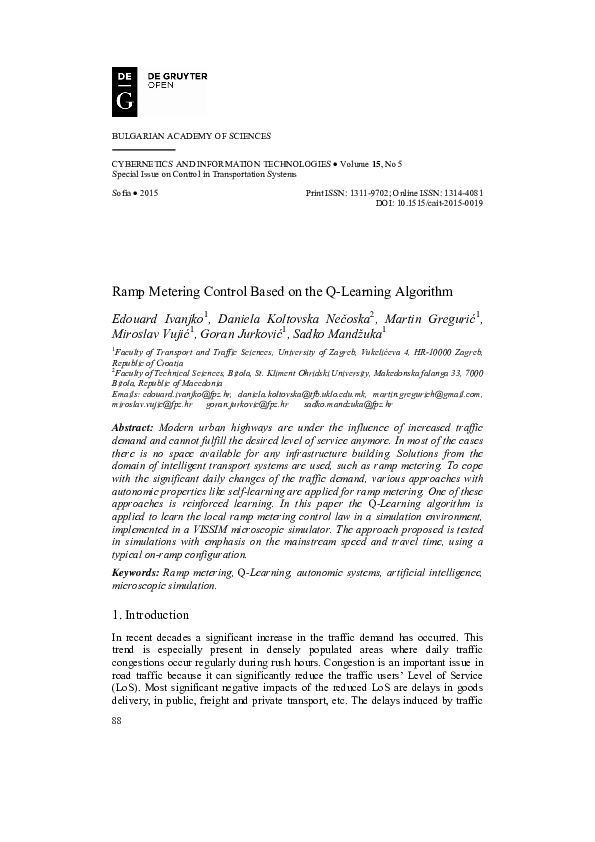 Pdf Ramp Metering Control Based On The Q Learning Algorithm