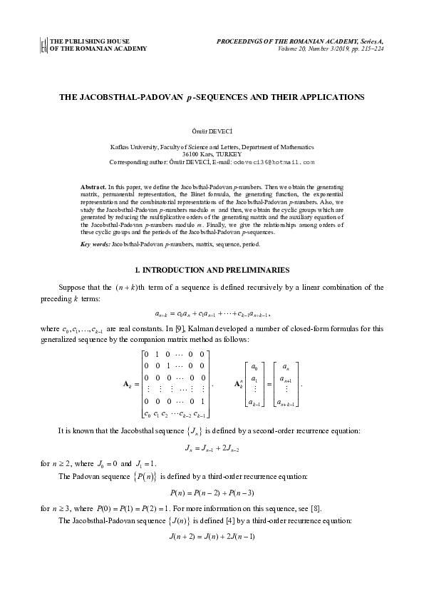 (PDF) THE JACOBSTHAL-PADOVAN p -SEQUENCES AND THEIR APPLICATIONS