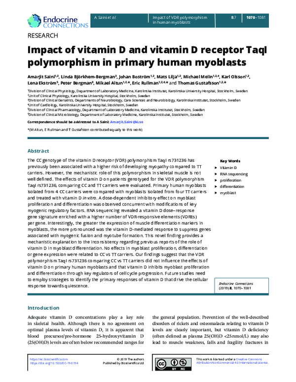 (PDF) Impact of vitamin D and vitamin D receptor TaqI polymorphism in primary human myoblasts ...