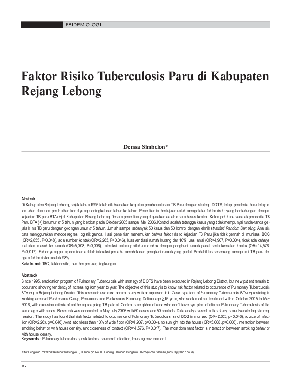 (PDF) Faktor Risiko Tuberculosis Paru di Kabupaten Rejang Lebong