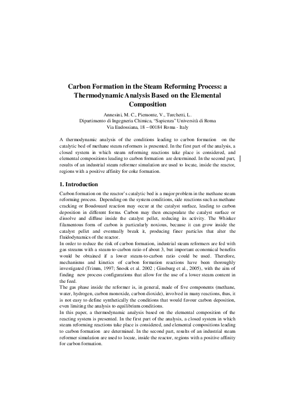 (PDF) Carbon formation in the steam reforming process: a thermodynamic ...