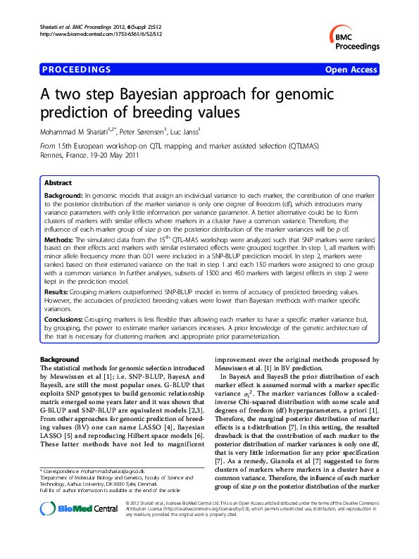 Pdf A Two Step Bayesian Approach For Genomic Prediction Of Breeding