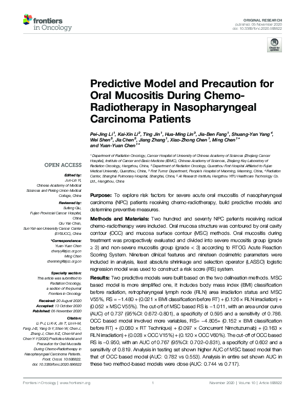 (PDF) Predictive Model and Precaution for Oral Mucositis During Chemo-Radiotherapy in ...