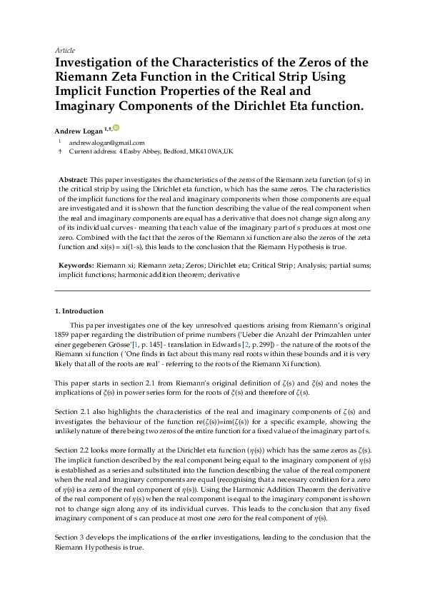 (PDF) Investigation of the Characteristics of the Zeros of the Riemann Zeta Function in the ...