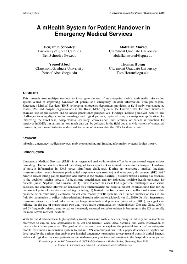 (PDF) Schooley et al. A mHealth System for Patient Handover in EMS A ...