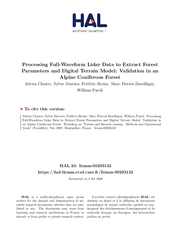 (PDF) Author manuscript, published in "ForestSat Conference'07, " PROCESSING FULL-WAVEFORM LIDAR ...