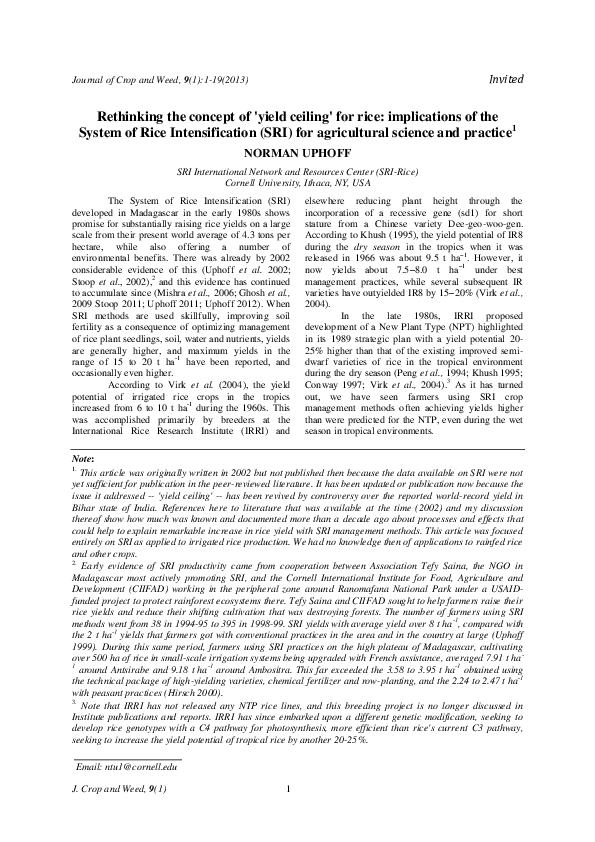 (PDF) Rethinking the concept of 'yield ceiling' for rice: implications ...