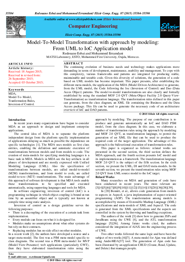 Pdf Model To Model Transformation With Approach By Modeling From Uml To Ioc Application Model