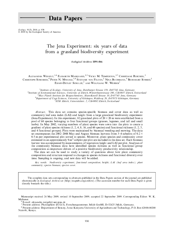 (PDF) The Jena Experiment: six years of data from a grassland ...