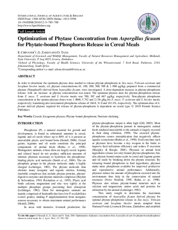 (PDF) Optimization of Phytase Concentration from Aspergillus ficuum for Phytate-bound Phosphorus ...