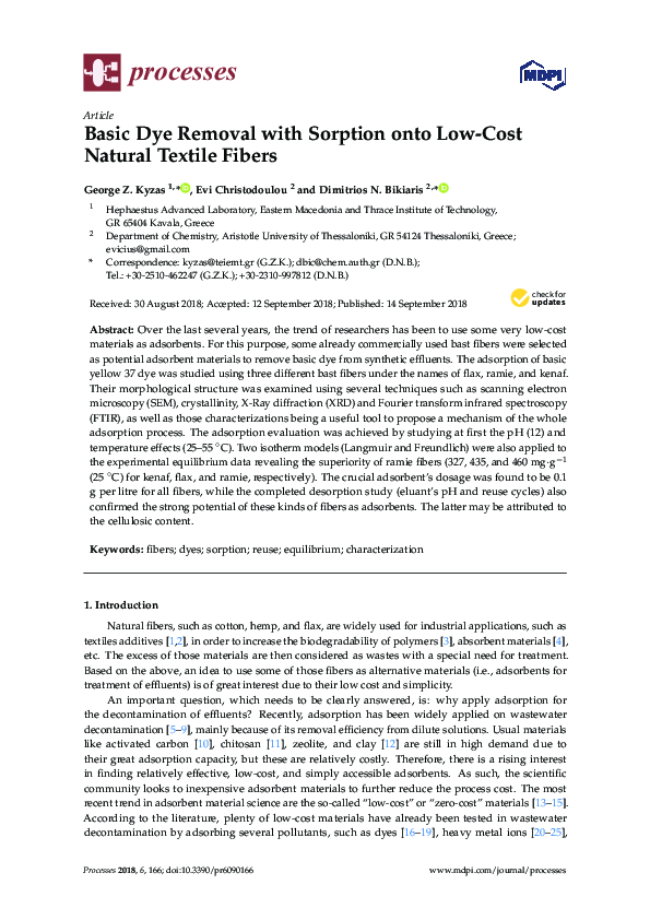 (PDF) Basic Dye Removal with Sorption onto Low-Cost Natural Textile Fibers
