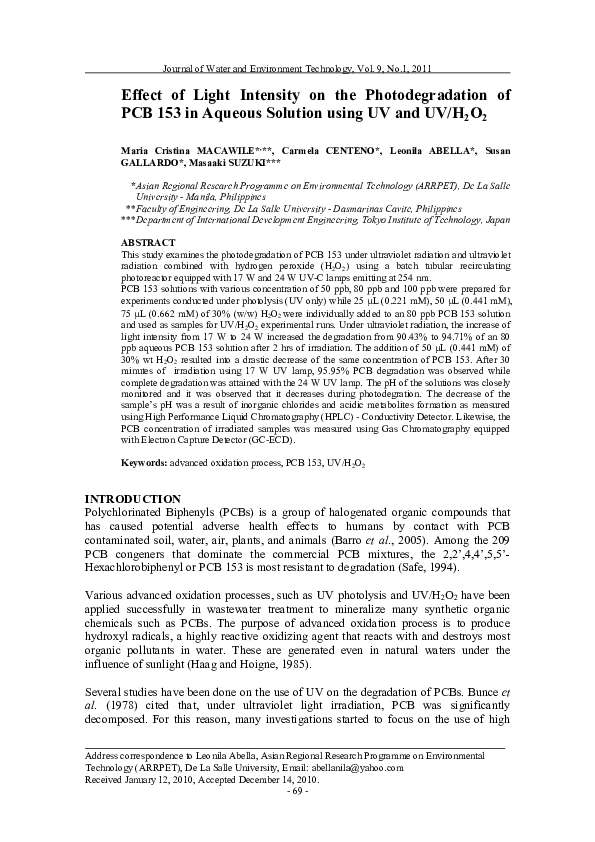 (PDF) Effect of Light Intensity on the Photodegradation of PCB 153 in ...