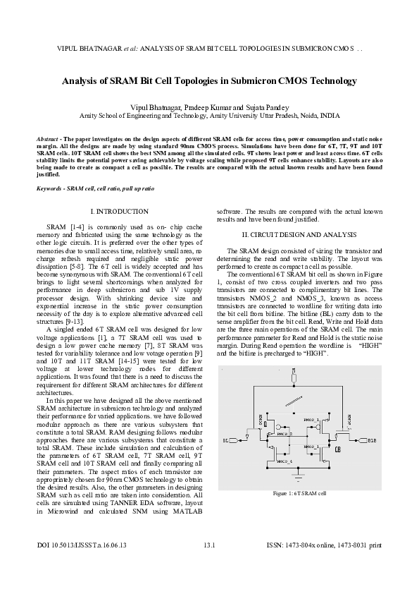 (PDF) Analysis of SRAM bit cell topologies in submicron CMOS technology