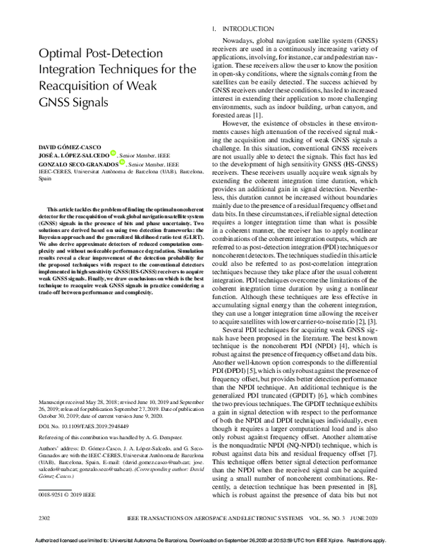 (PDF) Optimal Post-Detection Integration Techniques for the Reacquisition of Weak GNSS Signals