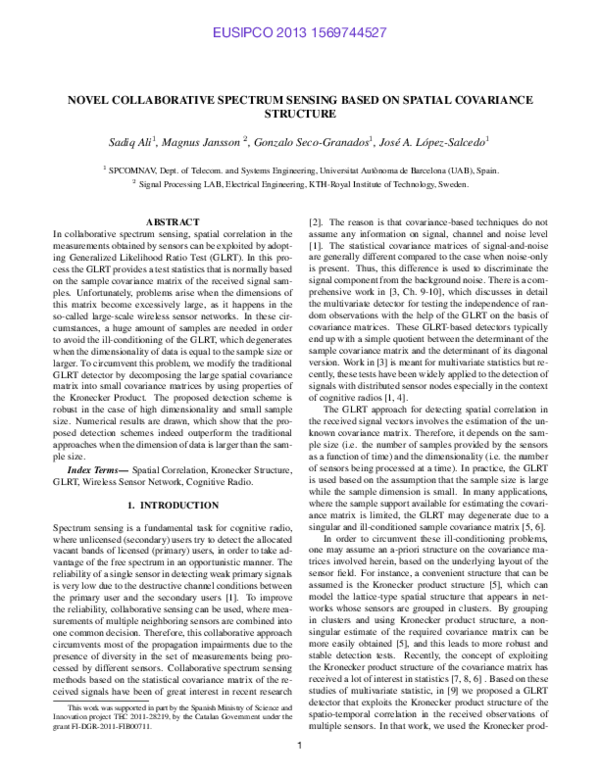 Pdf Novel Collaborative Spectrum Sensing Based On Spatial Covariance