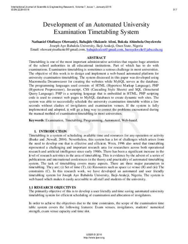 Pdf Development Of An Automated University Examination Timetabling System