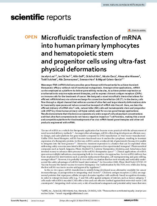 (PDF) Microfluidic transfection of mRNA into human primary lymphocytes ...