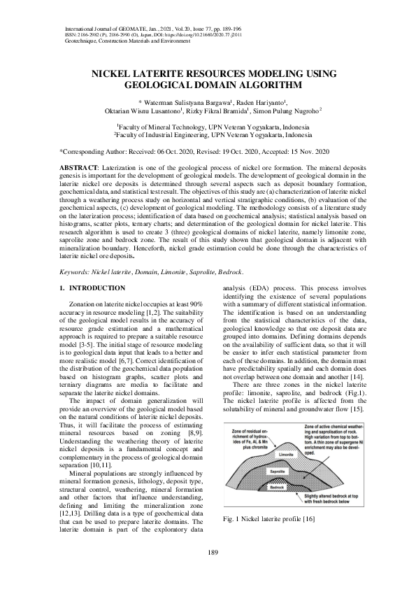 (PDF) Nickel Laterite Resources Modeling Using Geological Domain Algorithm