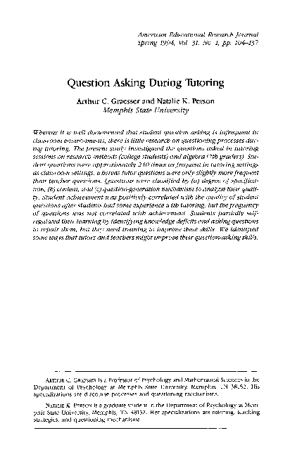(PDF) Question Asking During Tutoring