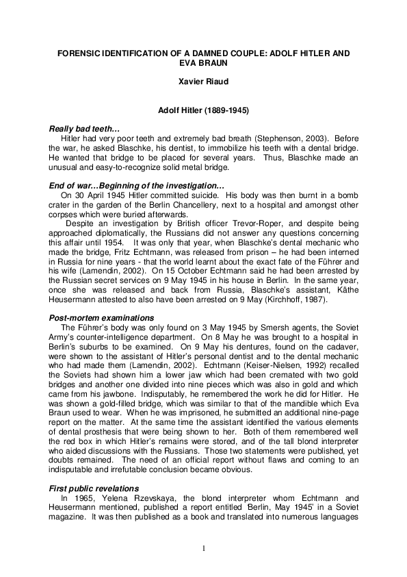 (PDF) Forensic identification of a damned couple: Adolf Hitler and Eva ...