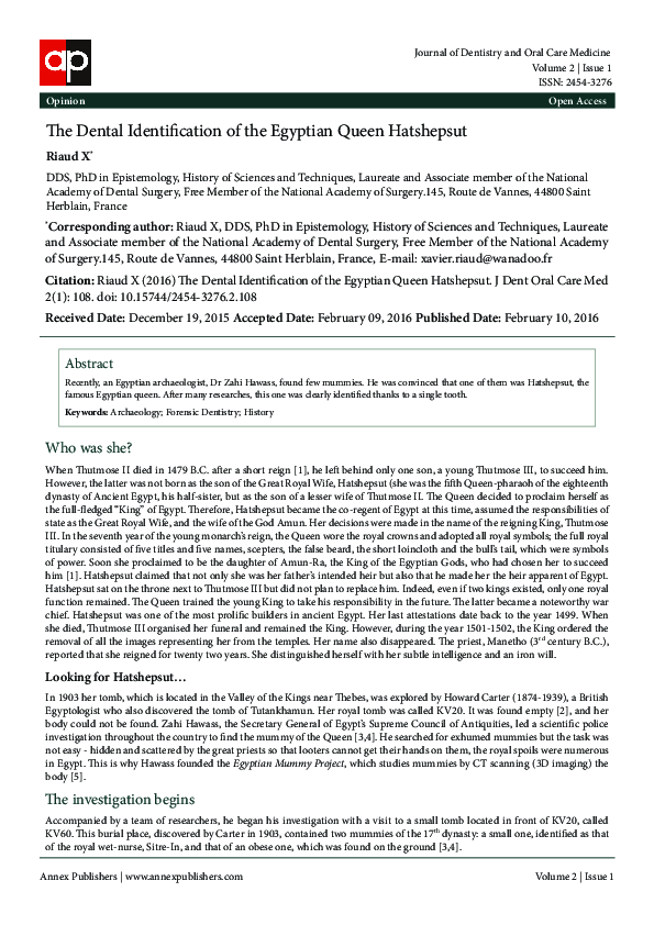 (PDF) The Dental Identification of the Egyptian Queen Hatshepsut