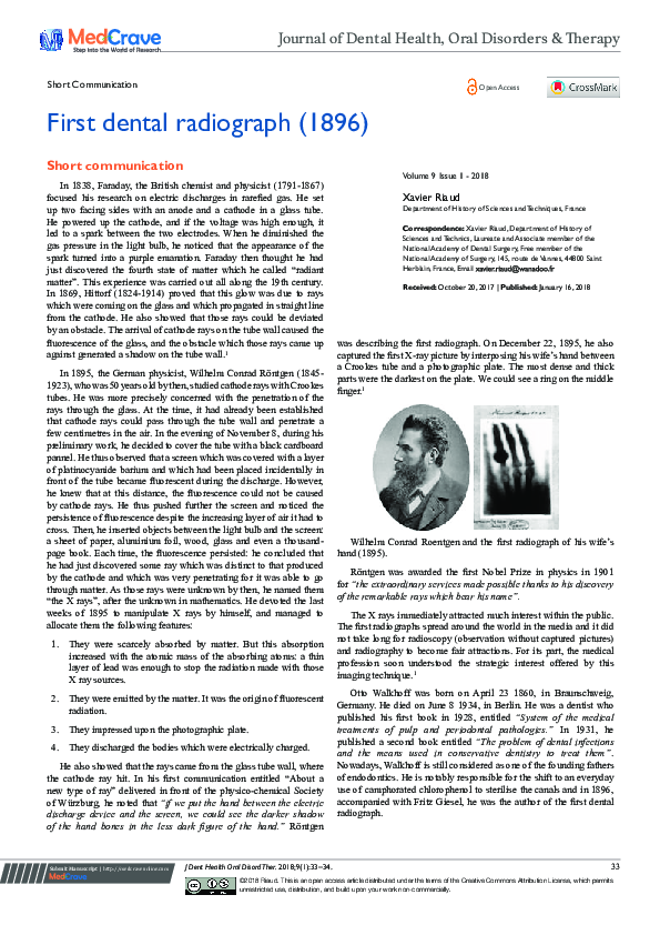 (PDF) First Dental Radiograph (1896)