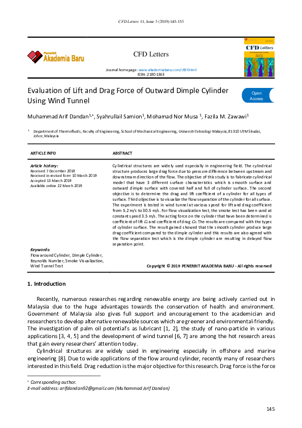 (PDF) Evaluation of Lift and Drag Force of Outward Dimple Cylinder ...