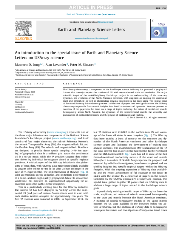 (PDF) An introduction to the special issue of Earth and Planetary Science Letters on USArray science