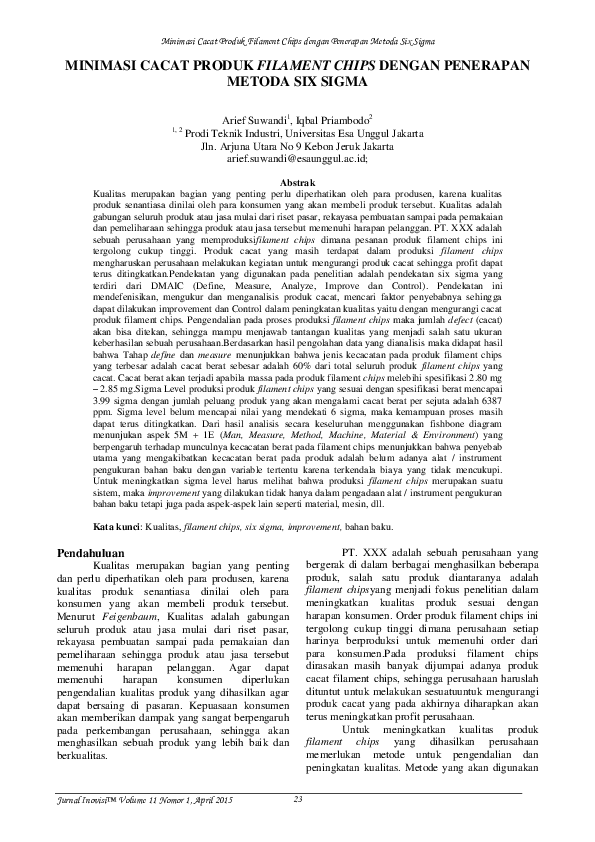 (PDF) Minimasi Cacat Produk Filament Chips dengan Penerapan Metoda Six ...