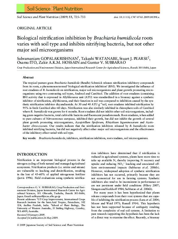 (PDF) Biological nitrification inhibition by Brachiaria humidicola ...