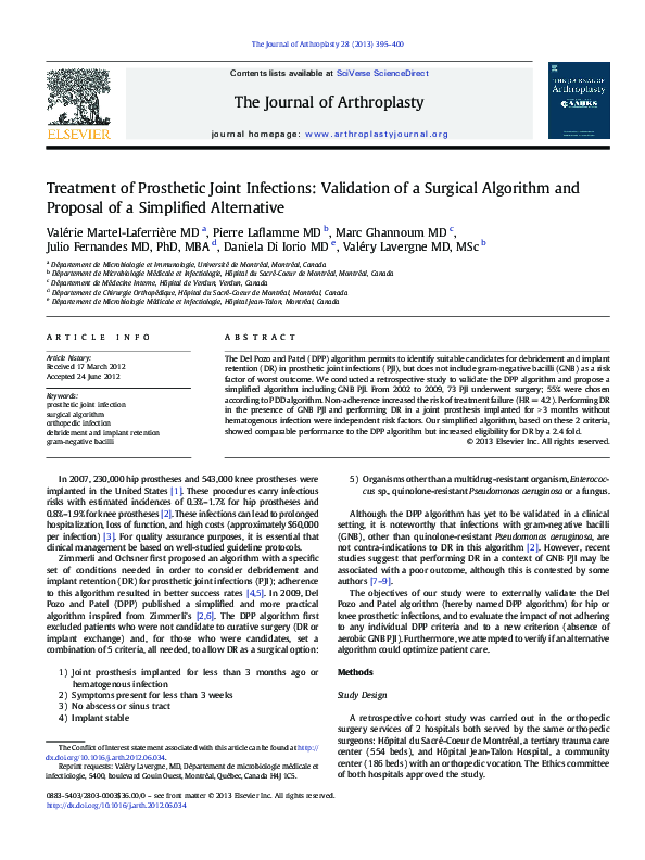 (PDF) Treatment of Prosthetic Joint Infections: Validation of a Surgical Algorithm and Proposal ...