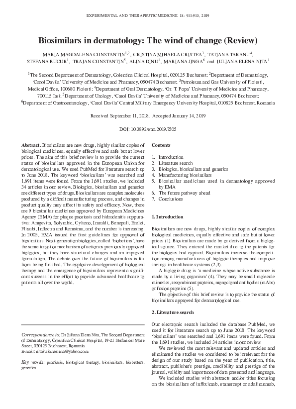 (PDF) Biosimilars in dermatology: The wind of change (Review)